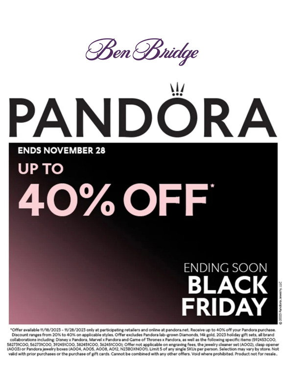 Ben Bridge: LAST CHANCE! 40% off select Pandora Jewelry ends today | Milled