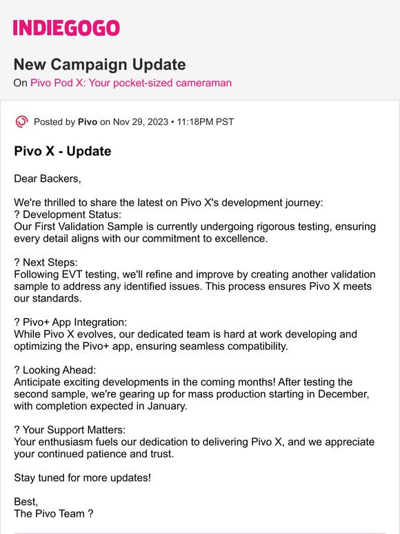 Indiegogo: 📢 Update #18 from Pivo Pod X: Your pocket-sized cameraman ...