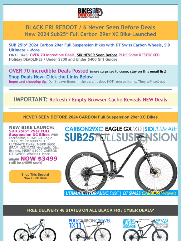 Bikes Direct: New PRODUCT LAUNCH: 2024 CARBON Full Suspension 29er, FINAL BLACK FRI Cyber Deals ...