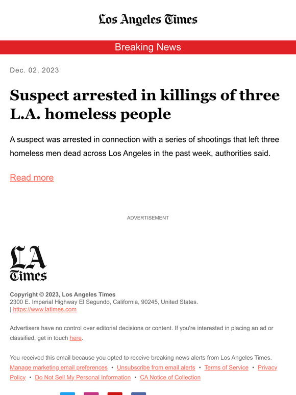 Los Angeles Times: Suspect arrested in killings of three L.A. homeless ...