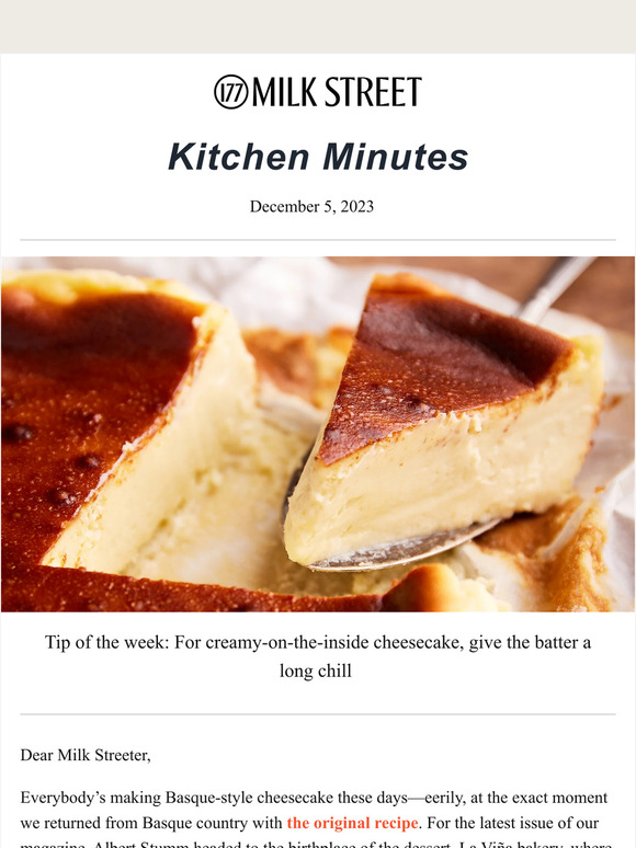 Milk Street Kitchen: The original Basque cheesecake and crusty bread ...