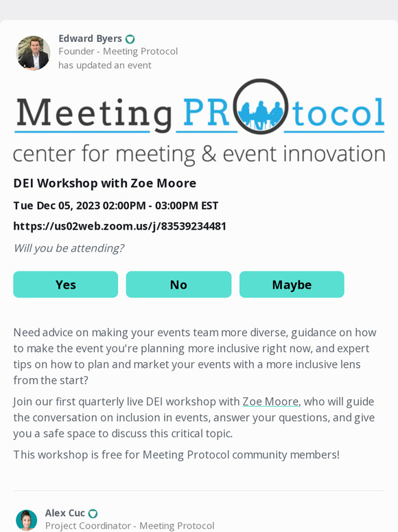 Meeting Protocol: DEI Workshop with Zoe Moore Invitation | Milled