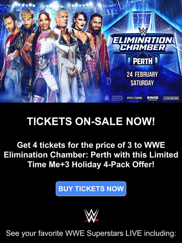 WWE Shop: 🚨 WWE Elimination Chamber: Perth Me+3 Holiday 4-Pack Offer! 🎟 ...