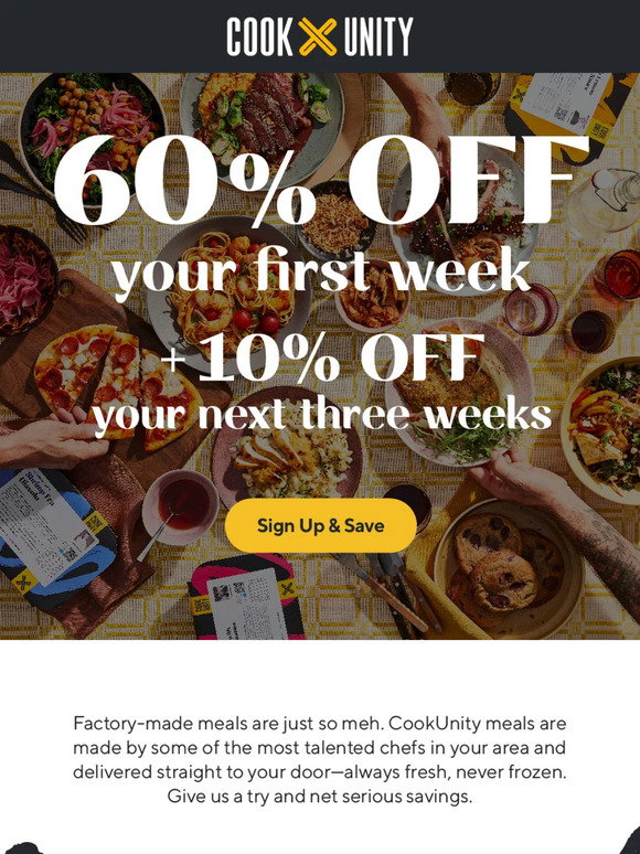 Cook Unity: 📢 Join Us With 60% Off + 10% Your Next 3 Weeks! | Milled