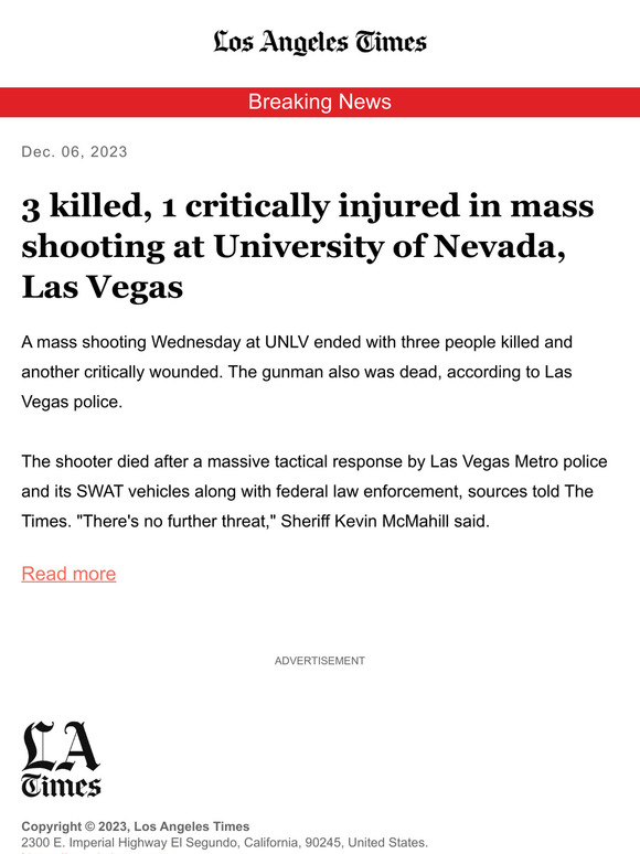 Los Angeles Times: 3 killed, 1 critically injured in mass shooting at ...