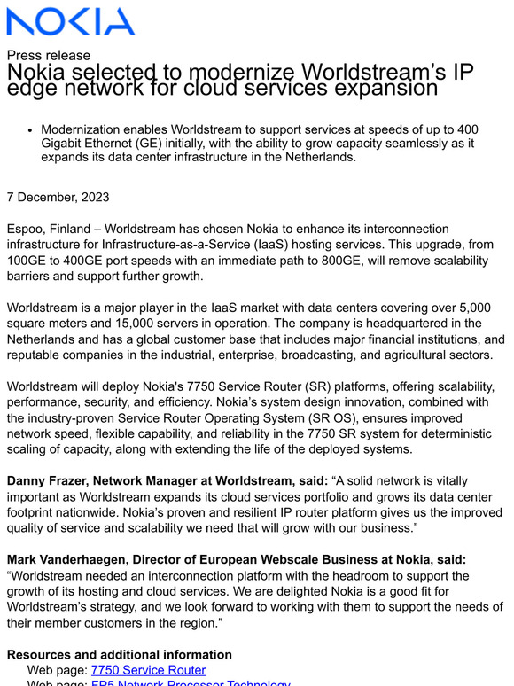Withings: Nokia selected to modernize Worldstream’s IP edge network for cloud services expansion ...