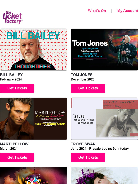 The Ticket Factory: Bill Bailey, Tom Jones, Marti Pellow, Troye Sivan ...