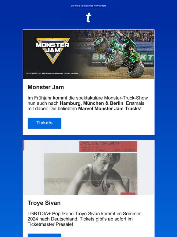 Ticketmaster DE: Troye Sivan, Monster Jam, Keane, Paul Kalkbrenner u.v ...