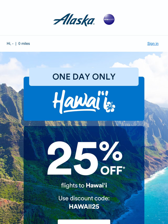 Alaska Airlines: Today only, flights to Hawaiʻi are 25% off! | Milled