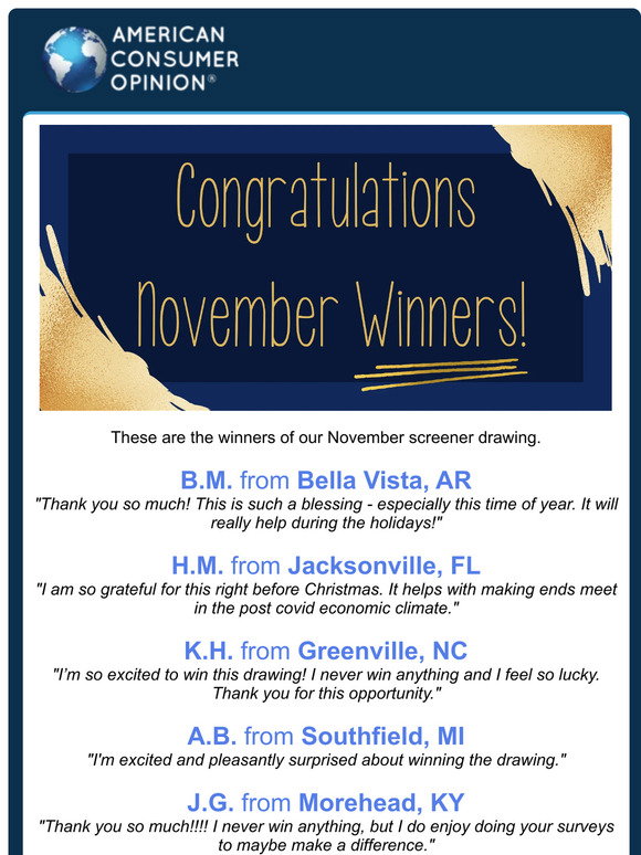 American Consumer Opinion: Congratulations to our November Screener ...