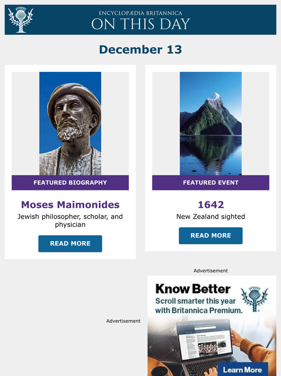 Brittanica: New Zealand sighted, Moses Maimonides is featured, and more ...