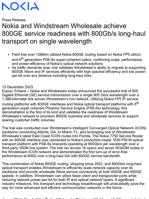 Withings: Nokia and Windstream Wholesale achieve 800GE service ...
