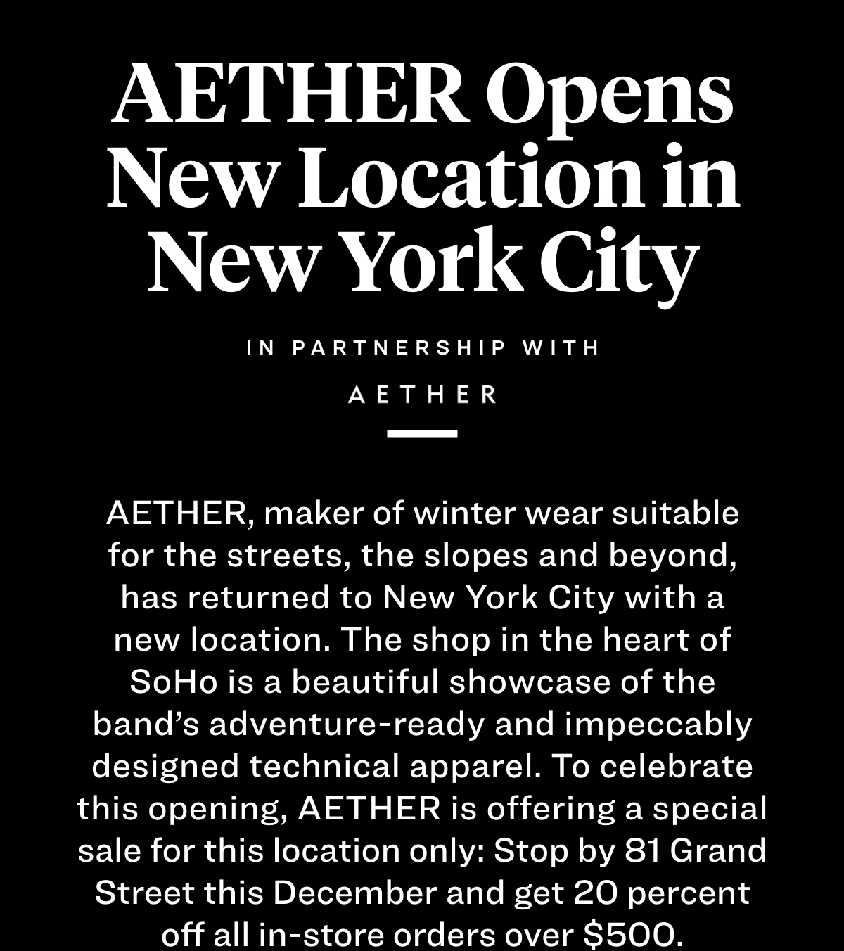Gear Patrol: AETHER Opens New Location in New York City | Milled