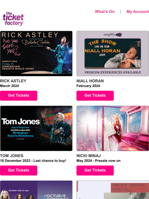 The Ticket Factory: Rick Astley, Niall Horan, Tom Jones, Nicki Minaj ...