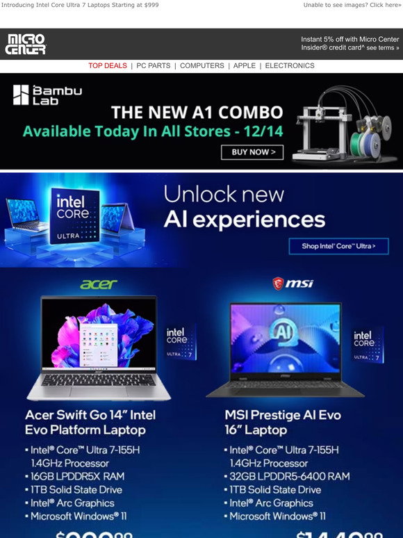 Micro Center: NEW Bambu A1 Combo 3D Printer Available Today in All ...