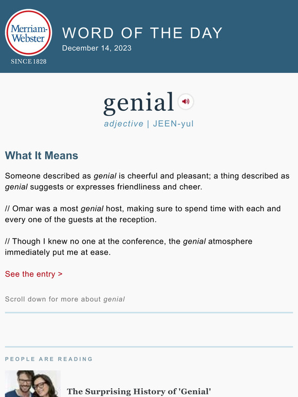 Merriam-Webster: Genial - plus, The Surprising History of 'Genial' | Milled