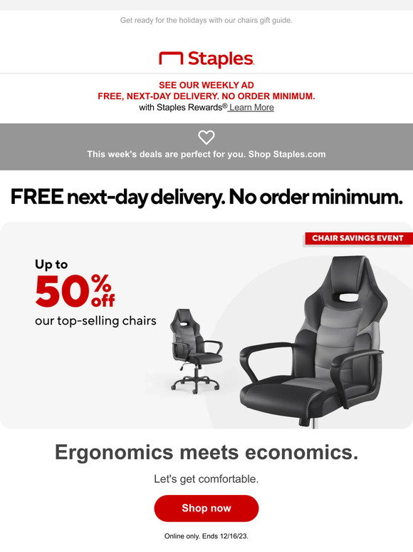 Staples: 🪑 We're offering you up to 50% off chairs and furniture during ...