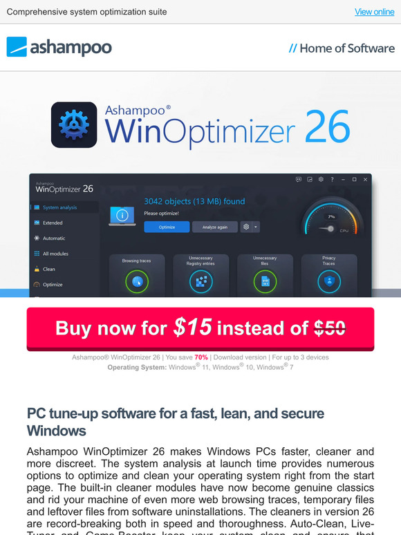 Ashampoo: Ashampoo WinOptimizer 26 - For a stronger PC | Milled