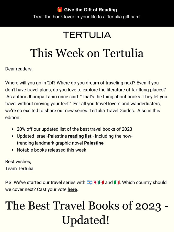 Tertulia: Special Travel Edition ️ Plus, an Updated Israel-Palestine Reading List | Milled