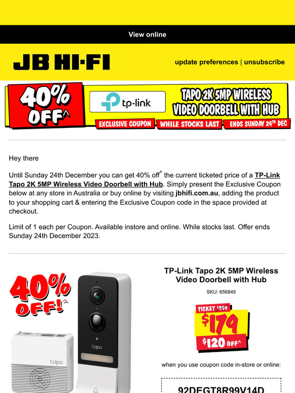 JB Hi-Fi: Exclusive Coupon: 40% off TP-Link Tapo 2K 5MP Wireless Video ...