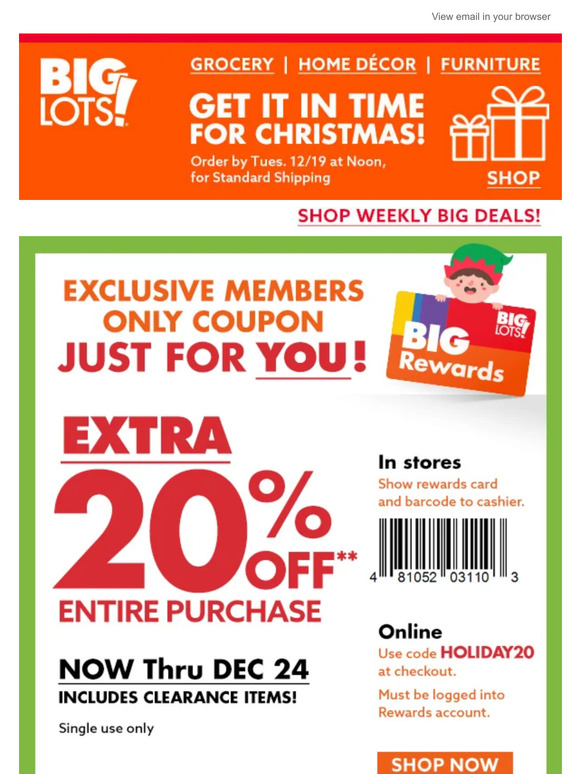Big Lots: A special coupon just for YOU! EXTRA 20% off your ENTIRE ...