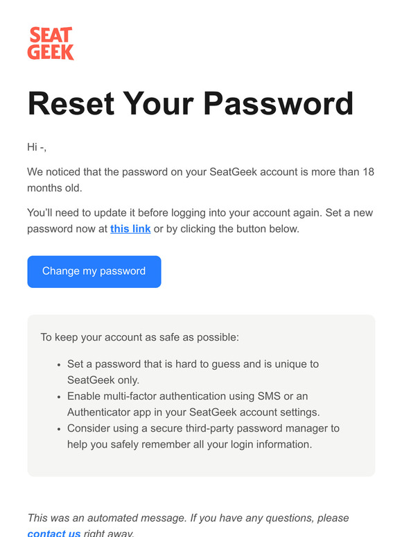 SeatGeek: Update your password to access your SeatGeek account | Milled