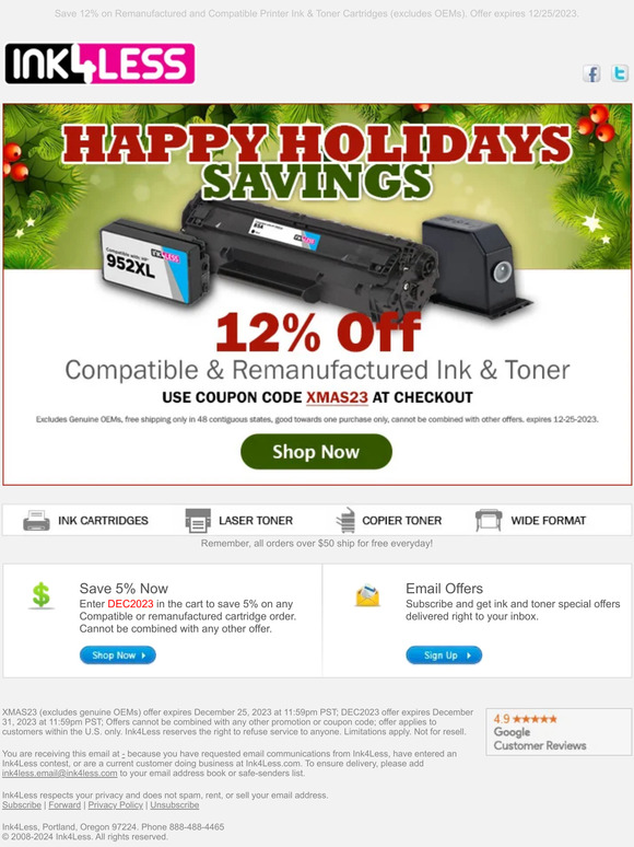 Ink4Less: Happy Holidays Savings on Ink & Toner! | Milled