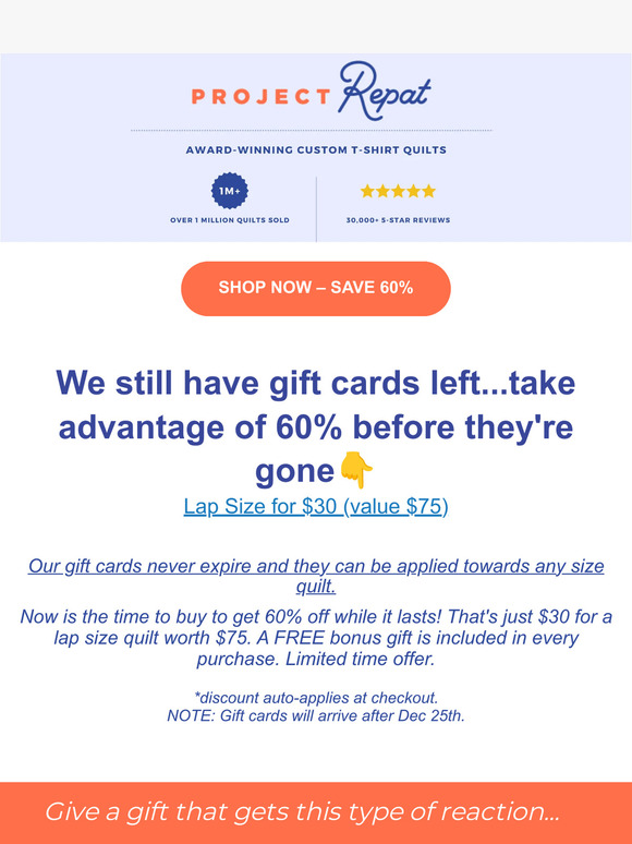 Project Repat: —, snag a lap size gift card for just $30! | Milled