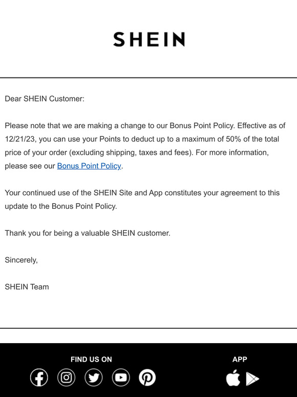 SHEIN: Bonus Point Policy Update Notice | Milled