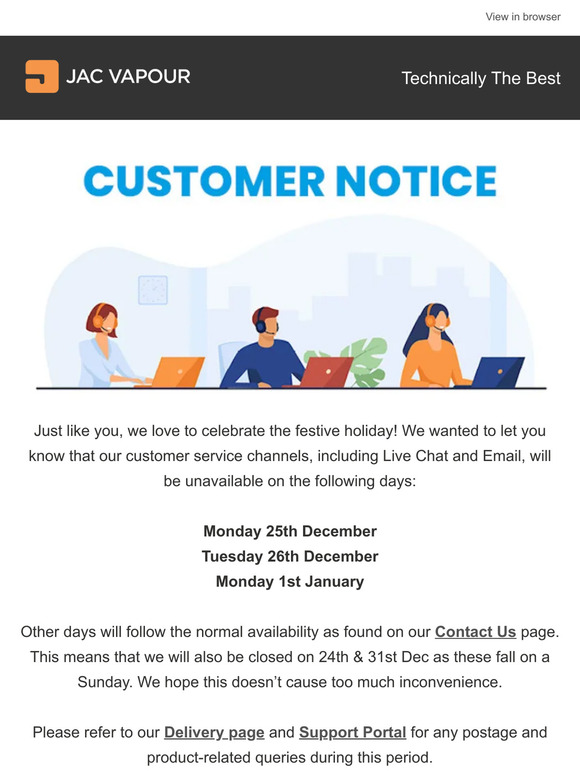 JAC Vapour: Customer Service - Notice | Milled