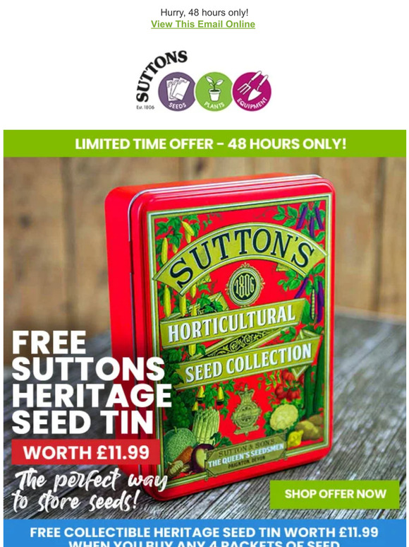 Suttons Seeds: FREE Collectible Seed Tin worth £11.99! 48 HOURS ONLY ...