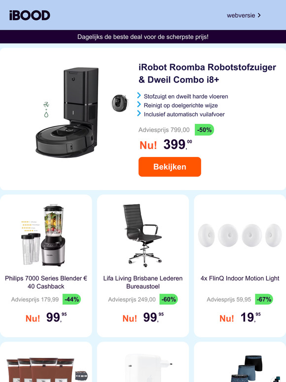 iBOOD: iRobot Roomba Robotstofzuiger & Dweil Combo i8+ -50% | Philips 7000 Series Blender € 40 ...