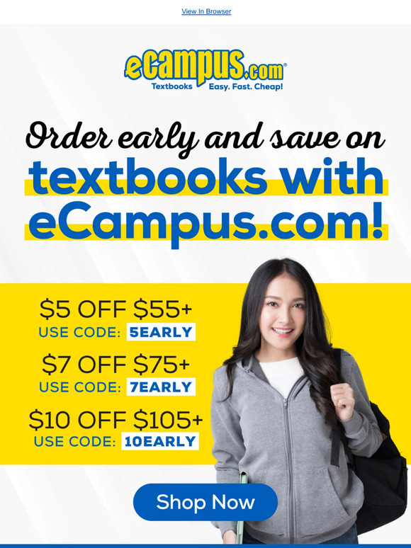 eCampus: Early Bird Special! 💸 Save $10 on Your Textbooks! 📚 | Milled