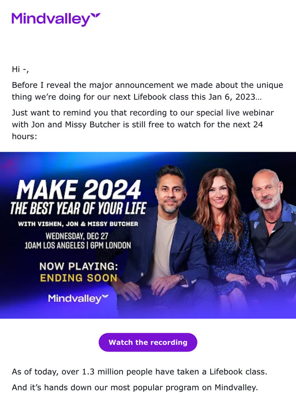 Mindvalley (US & CA): Our best ever Lifebook class starts in a week ...