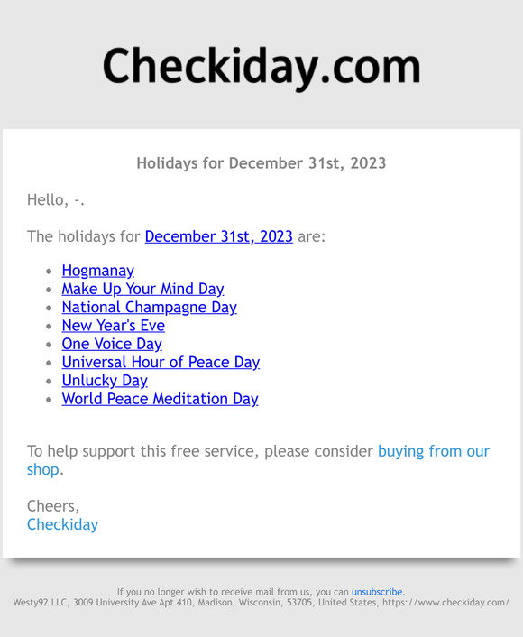 Checkiday: Holidays for December 31st, 2023! 📅🎉 | Milled