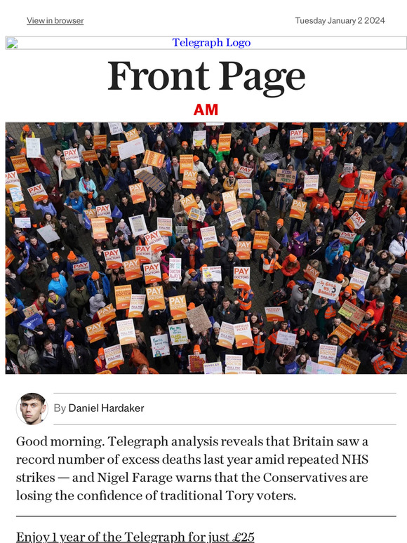 The Telegraph: Excess deaths at record level amid NHS strikes | Milled