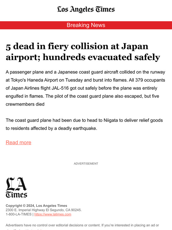 Los Angeles Times: Breaking News: 5 dead in fiery collision at Japan ...