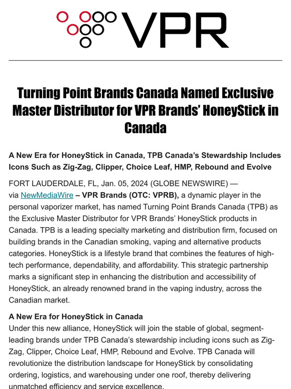 HoneyStick: Turning Point Brands Canada Named Exclusive Master Distributor for VPR Brands ...