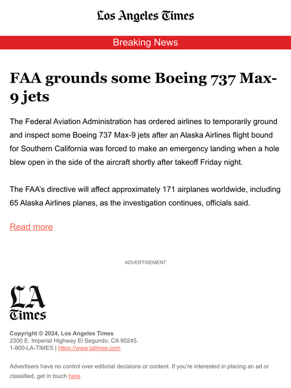 Los Angeles Times: Update: FAA grounds some Boeing 737 Max-9 jets | Milled