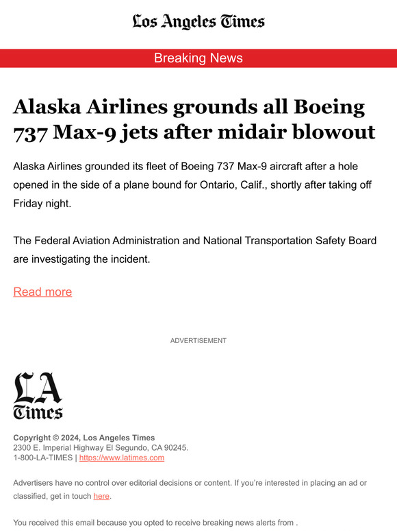 Los Angeles Times: Update: Alaska Airlines grounds all Boeing 737 Max-9 jets after midair ...