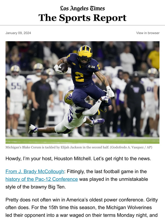 Los Angeles Times: The Sports Report: Michigan routs Washington to win ...
