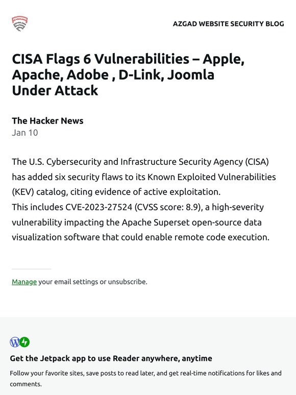 Azgad Security Cisa Flags 6 Vulnerabilities Apple Apache Adobe D