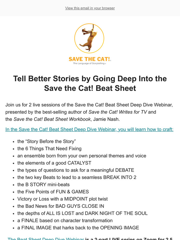Save the Cat: New Webinar Alert: The Beat Sheet Deep Dive w/ Jamie Nash ...