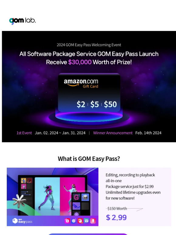 GOM: GOM Easy Pass $2.99 a month editing, recording, playback all at ...