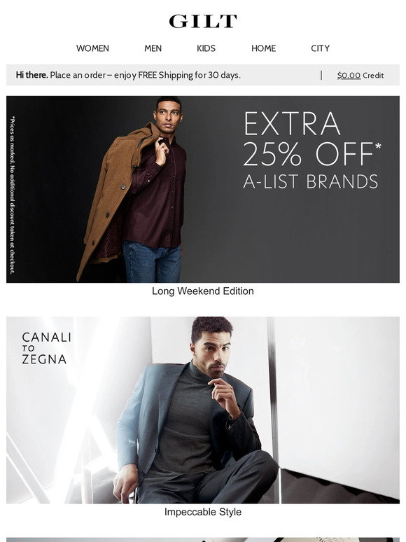 Gilt: (!) Extra 25% Off A-List Brands for the Long Weekend | Milled