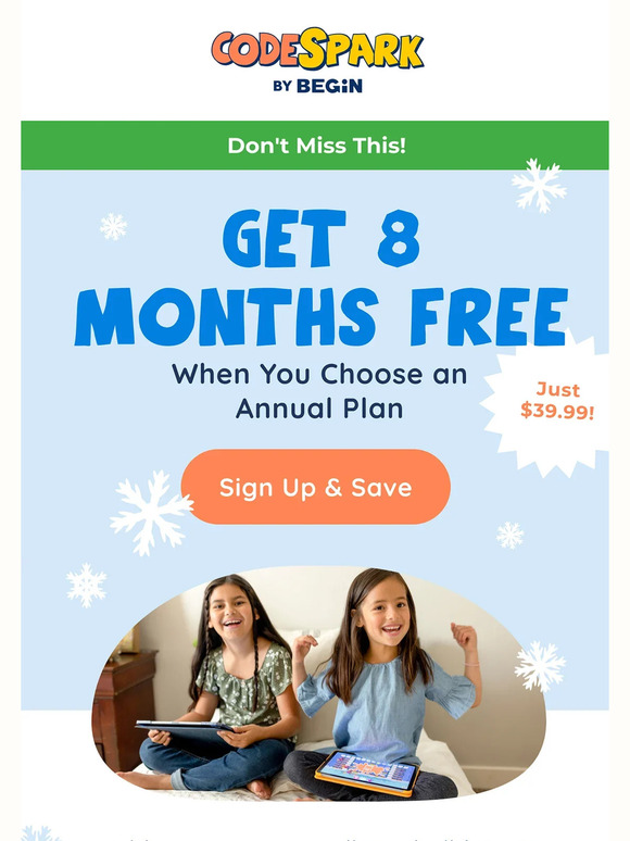 CodeSpark: Friendly Reminder! Get 8 FREE months of codeSpark | Milled