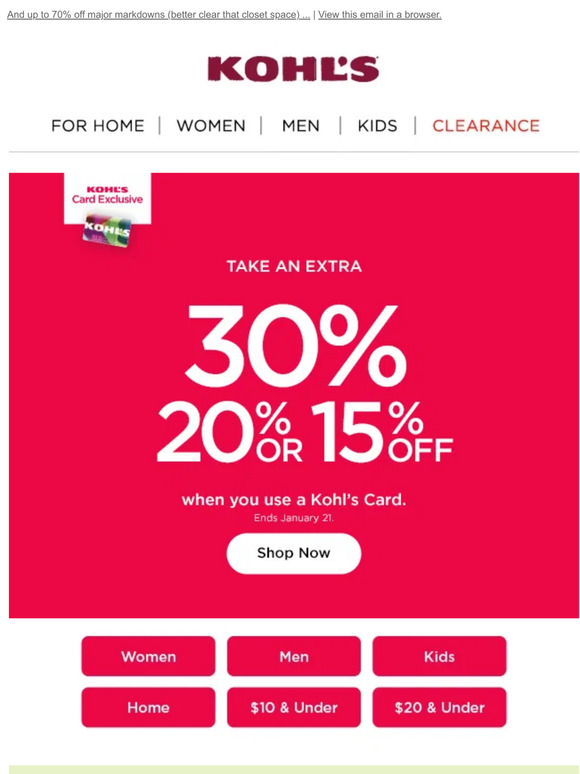 Kohl's: Take 30%, 20% or 15% off! Fill your cart with new faves for the ...