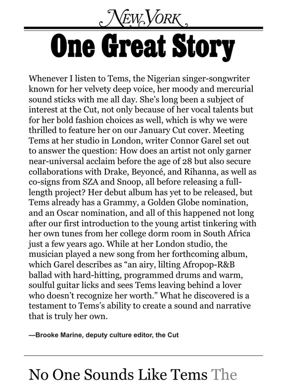 The Cut: ‘No One Sounds Like Tems,’ by Connor Garel | Milled