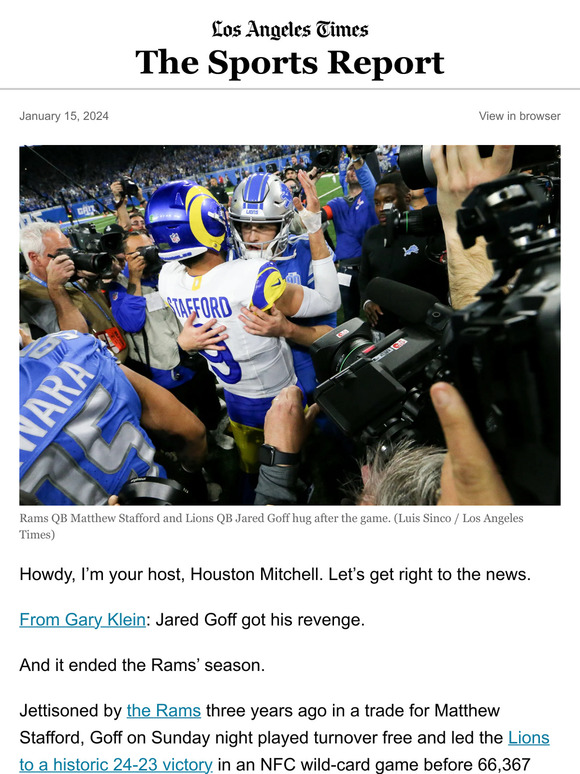 Los Angeles Times: The Sports Report: Jared Goff and the Lions end Rams ...