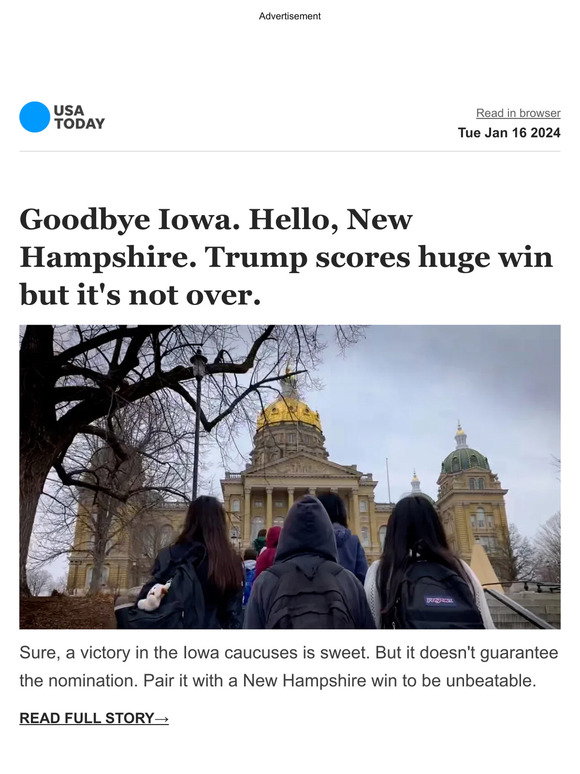 USA TODAY: Top Stories: Goodbye Iowa. Hello New Hampshire. Trump scores ...